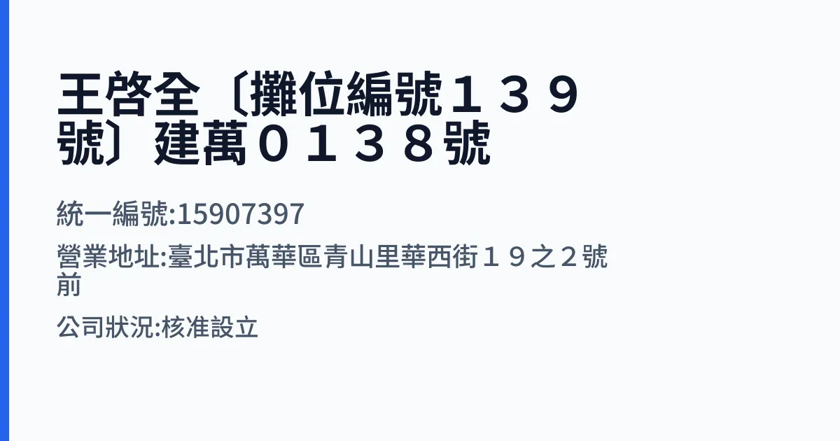 王啓全〔攤位編號139號〕建萬0138號 - 統編 15907397(臺北市) 公司登記資料與營業項目詳細圖表