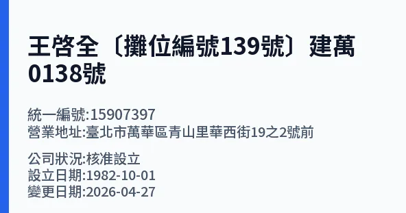 王啓全〔攤位編號139號〕建萬0138號的照片-統編 15907397(臺北市) 公司登記資料與營業項目詳細圖表