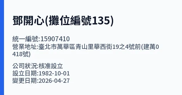 鄧開心(攤位編號135)的照片-統編 15907410(臺北市) 公司登記資料與營業項目詳細圖表