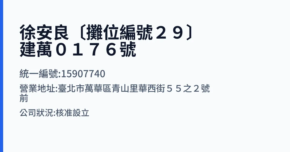 徐安良〔攤位編號２９〕建萬０１７６號 - 統編 15907740(臺北市) 公司登記資料與營業項目詳細圖表