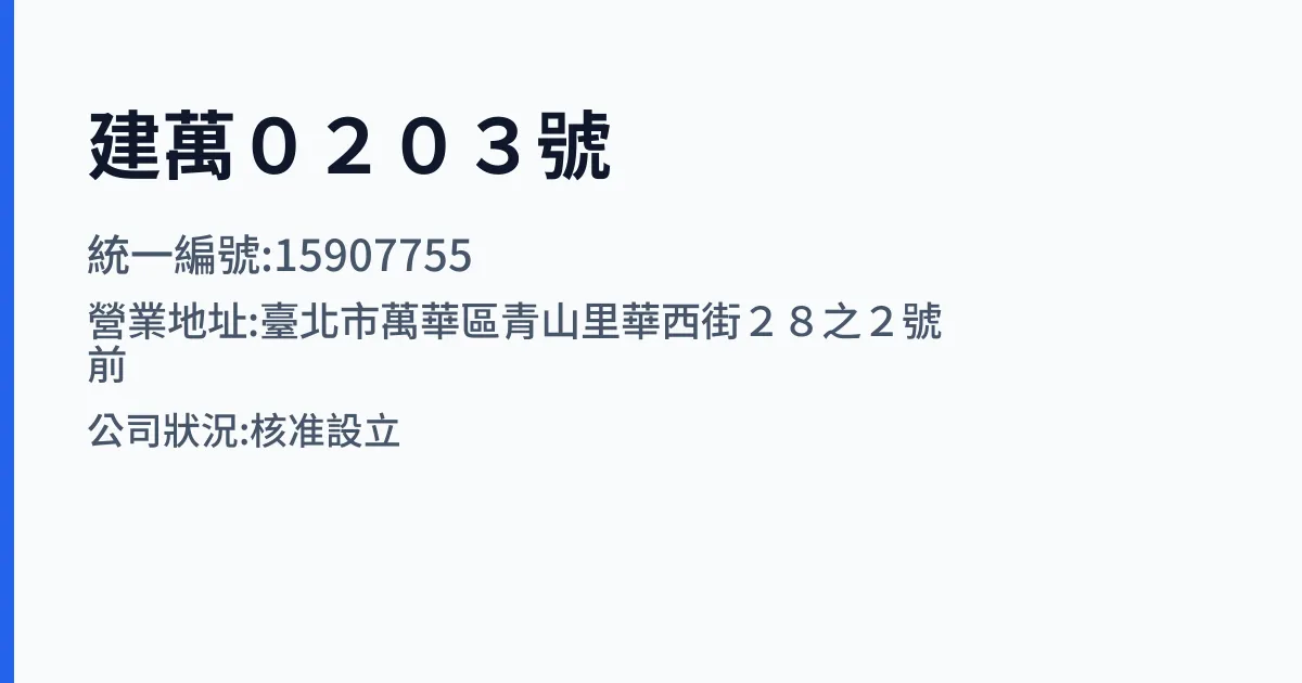 建萬０２０３號 - 統編 15907755(臺北市) 公司登記資料與營業項目詳細圖表