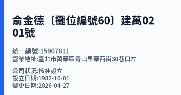 俞金德〔攤位編號60〕建萬0201號的照片-統編 15907811(臺北市) 公司登記資料與營業項目詳細圖表