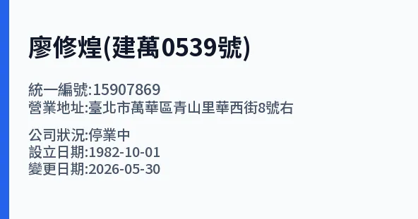 廖修煌(建萬0539號)的照片-統編 15907869(臺北市) 公司登記資料與營業項目詳細圖表