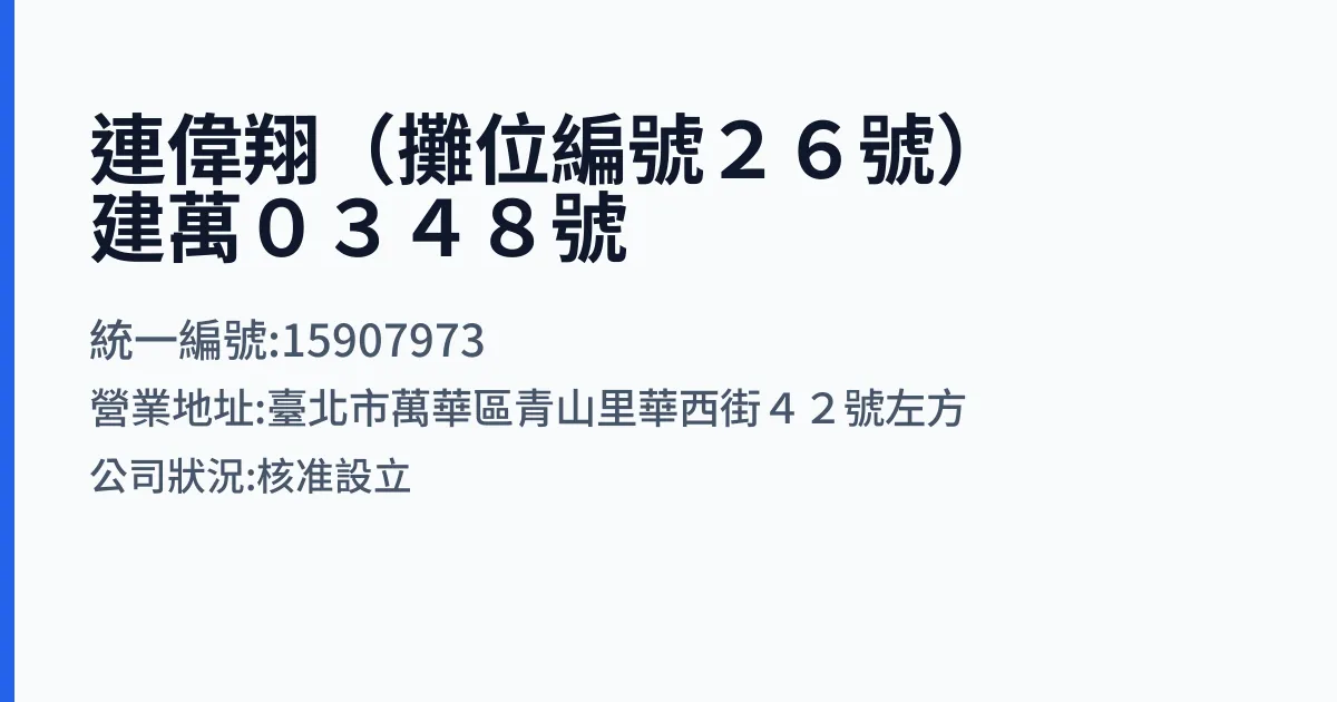 連偉翔（攤位編號２６號）建萬０３４８號 - 統編 15907973(臺北市) 公司登記資料與營業項目詳細圖表