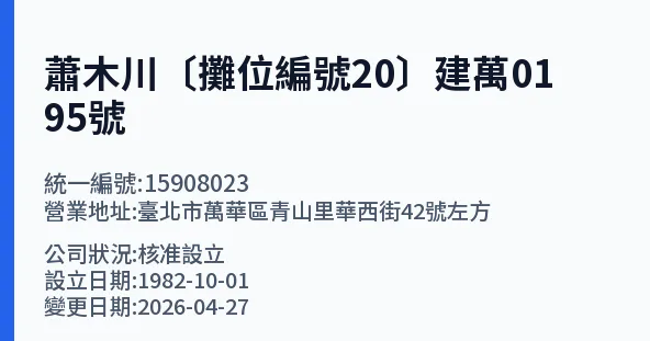 蕭木川〔攤位編號20〕建萬0195號的照片-統編 15908023(臺北市) 公司登記資料與營業項目詳細圖表