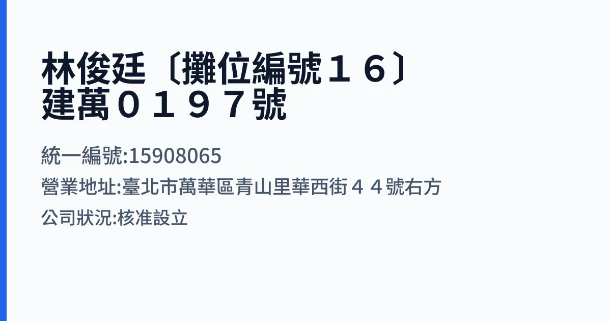 林俊廷〔攤位編號１６〕建萬０１９７號 - 統編 15908065(臺北市) 公司登記資料與營業項目詳細圖表