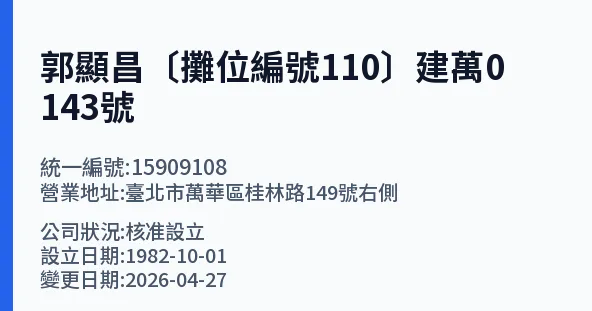 郭顯昌〔攤位編號110〕建萬0143號的照片-統編 15909108(臺北市) 公司登記資料與營業項目詳細圖表