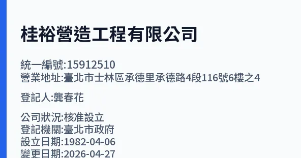 桂裕營造工程有限公司的照片-統編 15912510(臺北市) 公司登記資料與營業項目詳細圖表
