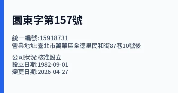 園東字第157號的照片-統編 15918731(臺北市) 公司登記資料與營業項目詳細圖表