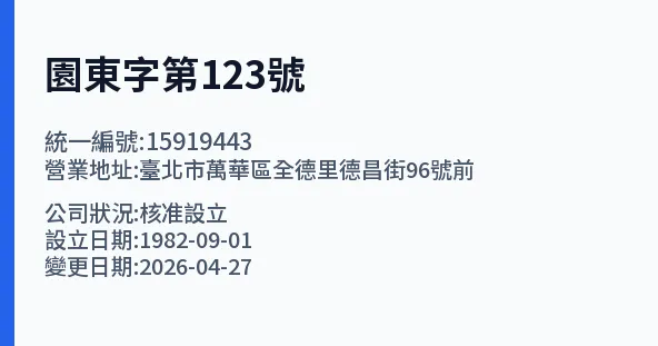 園東字第123號的照片-統編 15919443(臺北市) 公司登記資料與營業項目詳細圖表