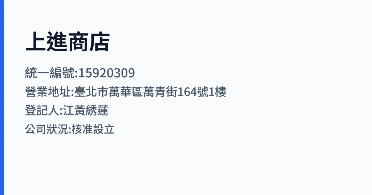 上進商店 - 統編 15920309(臺北市) 公司登記資料與營業項目詳細圖表