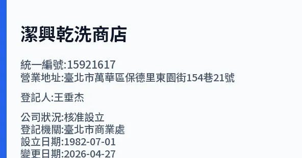 潔興乾洗商店的照片-統編 15921617(臺北市) 公司登記資料與營業項目詳細圖表