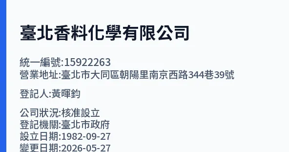 臺北香料化學有限公司的照片-統編 15922263(臺北市) 公司登記資料與營業項目詳細圖表