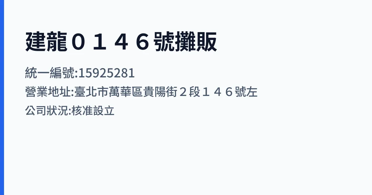 建龍０１４６號攤販 - 統編 15925281(臺北市) 公司登記資料與營業項目詳細圖表