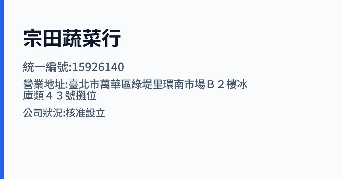 宗田蔬菜行 - 統編 15926140（臺北市） 公司登記資料與營業項目詳細圖表