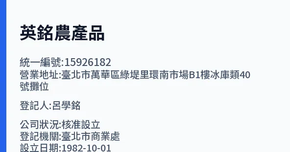英銘農產品的照片-統編 15926182(臺北市) 公司登記資料與營業項目詳細圖表