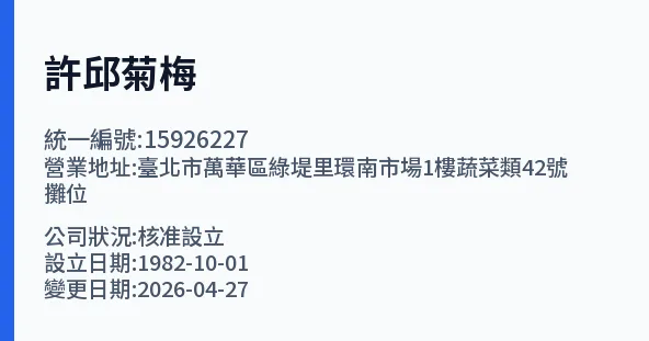 許邱菊梅的照片-統編 15926227(臺北市) 公司登記資料與營業項目詳細圖表