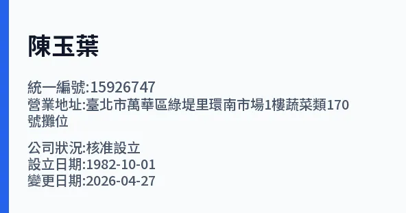 陳玉葉的照片-統編 15926747(臺北市) 公司登記資料與營業項目詳細圖表