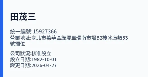 田茂三的照片-統編 15927366(臺北市) 公司登記資料與營業項目詳細圖表