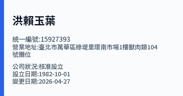 洪賴玉葉的照片-統編 15927393(臺北市) 公司登記資料與營業項目詳細圖表