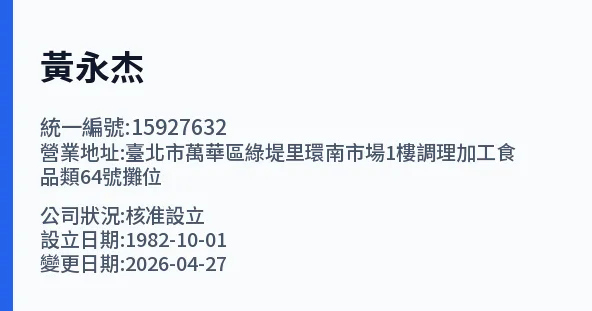 黃永杰的照片-統編 15927632(臺北市) 公司登記資料與營業項目詳細圖表