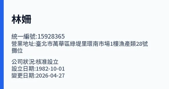 林姍的照片-統編 15928365(臺北市) 公司登記資料與營業項目詳細圖表