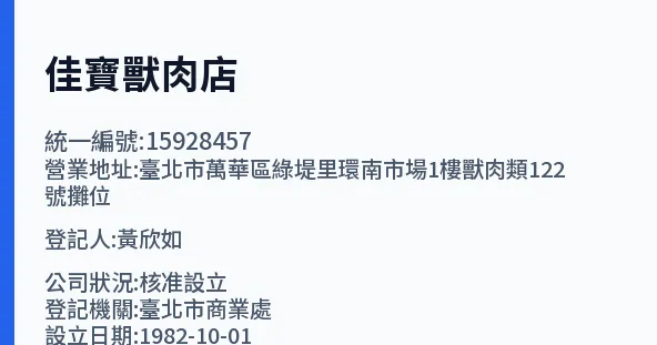 佳寶獸肉店的照片-統編 15928457(臺北市) 公司登記資料與營業項目詳細圖表