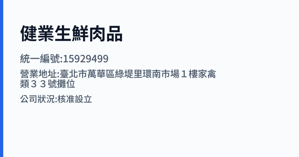 健業生鮮肉品 - 統編 15929499(臺北市) 公司登記資料與營業項目詳細圖表