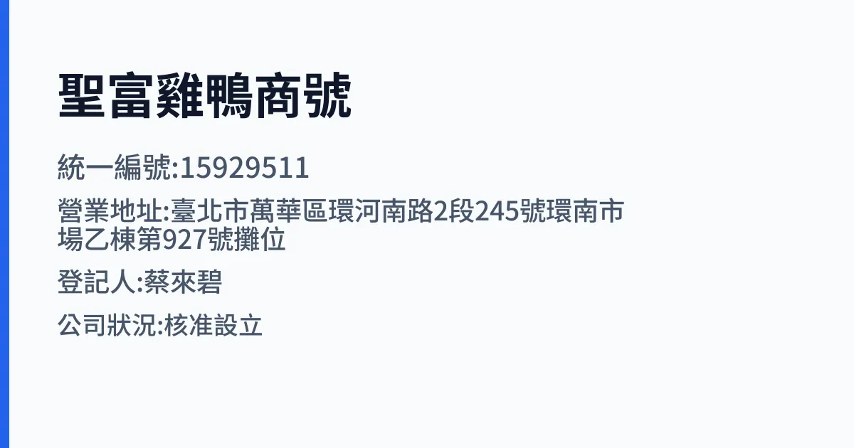 聖富雞鴨商號 - 統編 15929511(臺北市) 公司登記資料與營業項目詳細圖表