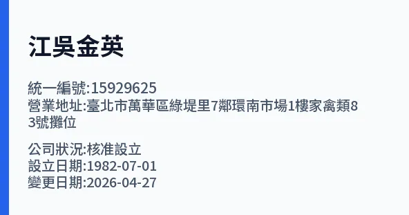 江吳金英的照片-統編 15929625(臺北市) 公司登記資料與營業項目詳細圖表