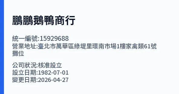 鵬鵬鵝鴨商行的照片-統編 15929688(臺北市) 公司登記資料與營業項目詳細圖表