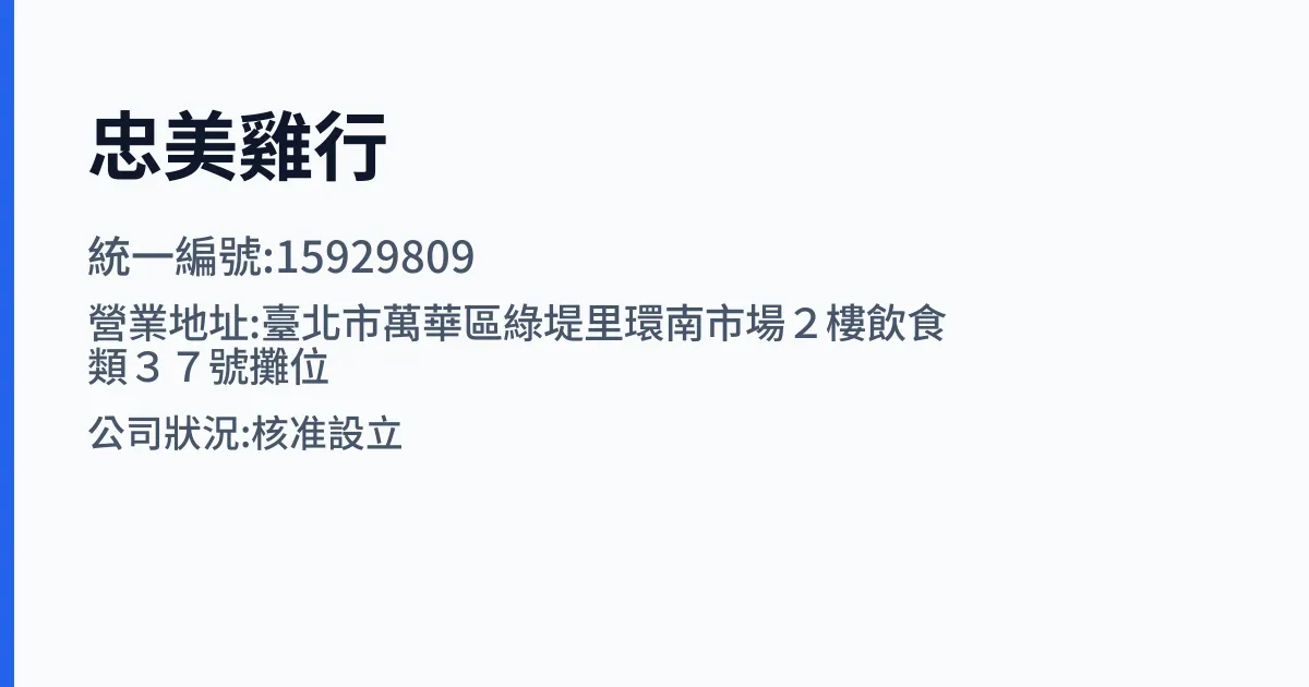 忠美雞行 - 統編 15929809(臺北市) 公司登記資料與營業項目詳細圖表