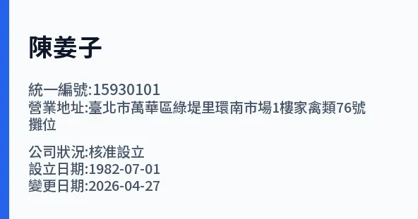 陳姜子的照片-統編 15930101(臺北市) 公司登記資料與營業項目詳細圖表