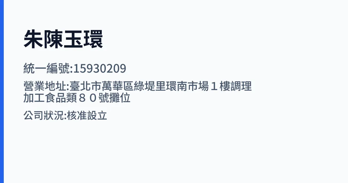 朱陳玉環 - 統編 15930209(臺北市) 公司登記資料與營業項目詳細圖表