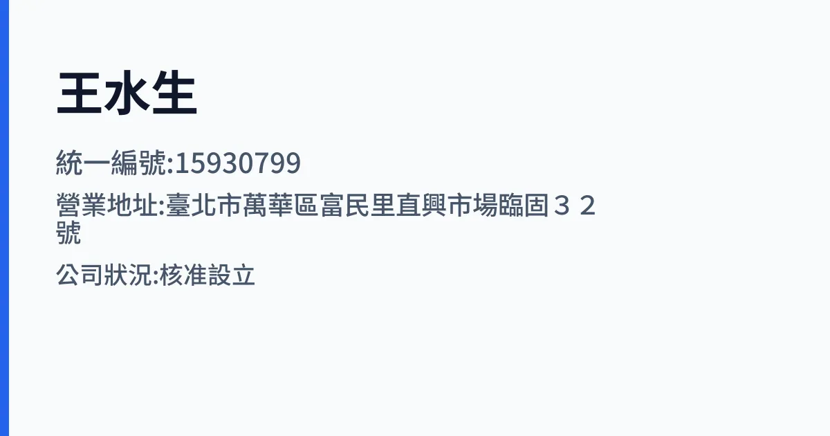 王水生 - 統編 15930799(臺北市) 公司登記資料與營業項目詳細圖表