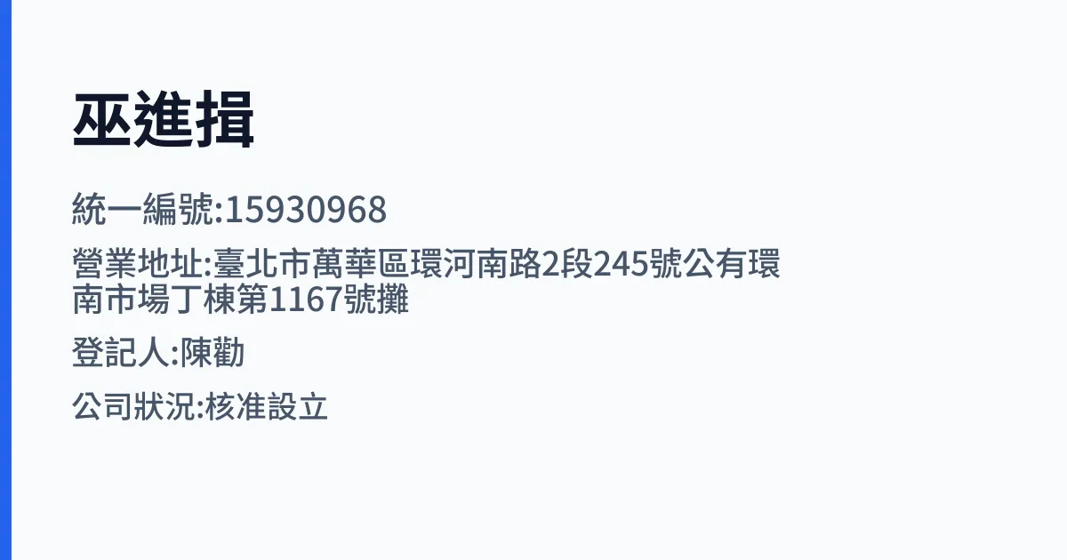 巫進揖 - 統編 15930968(臺北市) 公司登記資料與營業項目詳細圖表