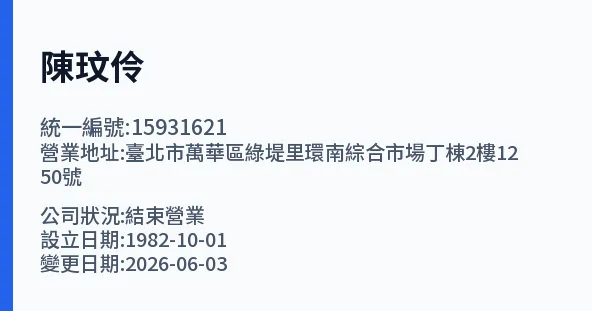 陳玟伶的照片-統編 15931621(臺北市) 公司登記資料與營業項目詳細圖表