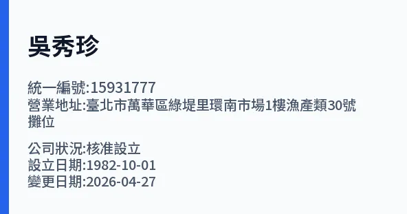 吳秀珍的照片-統編 15931777(臺北市) 公司登記資料與營業項目詳細圖表
