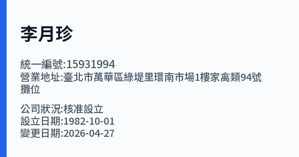 李月珍的照片-統編 15931994(臺北市) 公司登記資料與營業項目詳細圖表