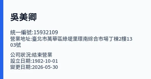 吳美卿的照片-統編 15932109(臺北市) 公司登記資料與營業項目詳細圖表
