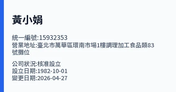 黃小娟的照片-統編 15932353(臺北市) 公司登記資料與營業項目詳細圖表