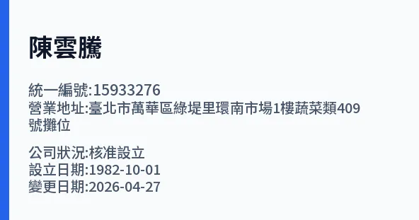 陳雲騰的照片-統編 15933276(臺北市) 公司登記資料與營業項目詳細圖表