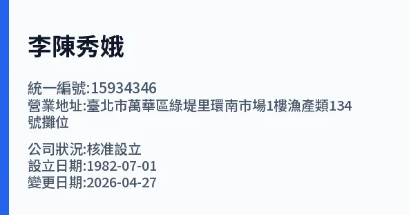 李陳秀娥的照片-統編 15934346(臺北市) 公司登記資料與營業項目詳細圖表