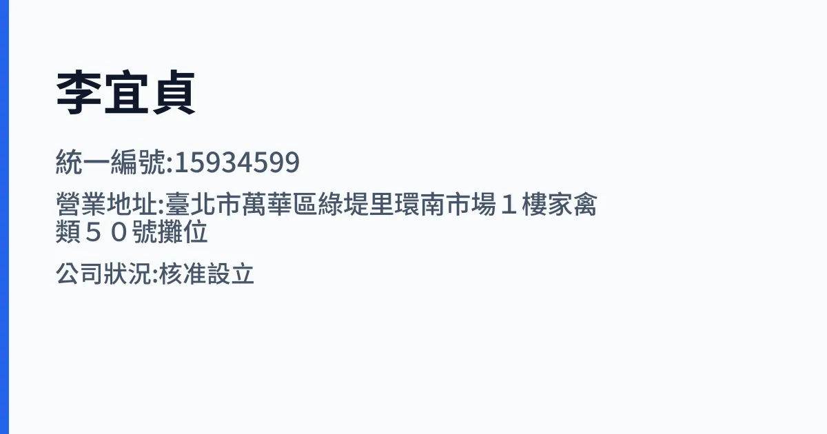 李宜貞 - 統編 15934599(臺北市) 公司登記資料與營業項目詳細圖表