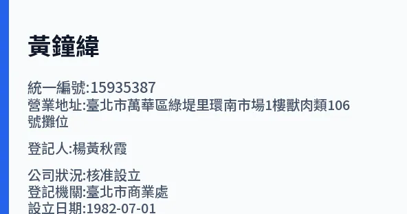 黃鐘緯的照片-統編 15935387(臺北市) 公司登記資料與營業項目詳細圖表