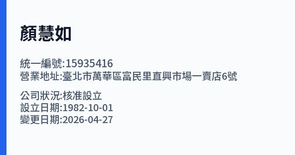 顏慧如的照片-統編 15935416(臺北市) 公司登記資料與營業項目詳細圖表