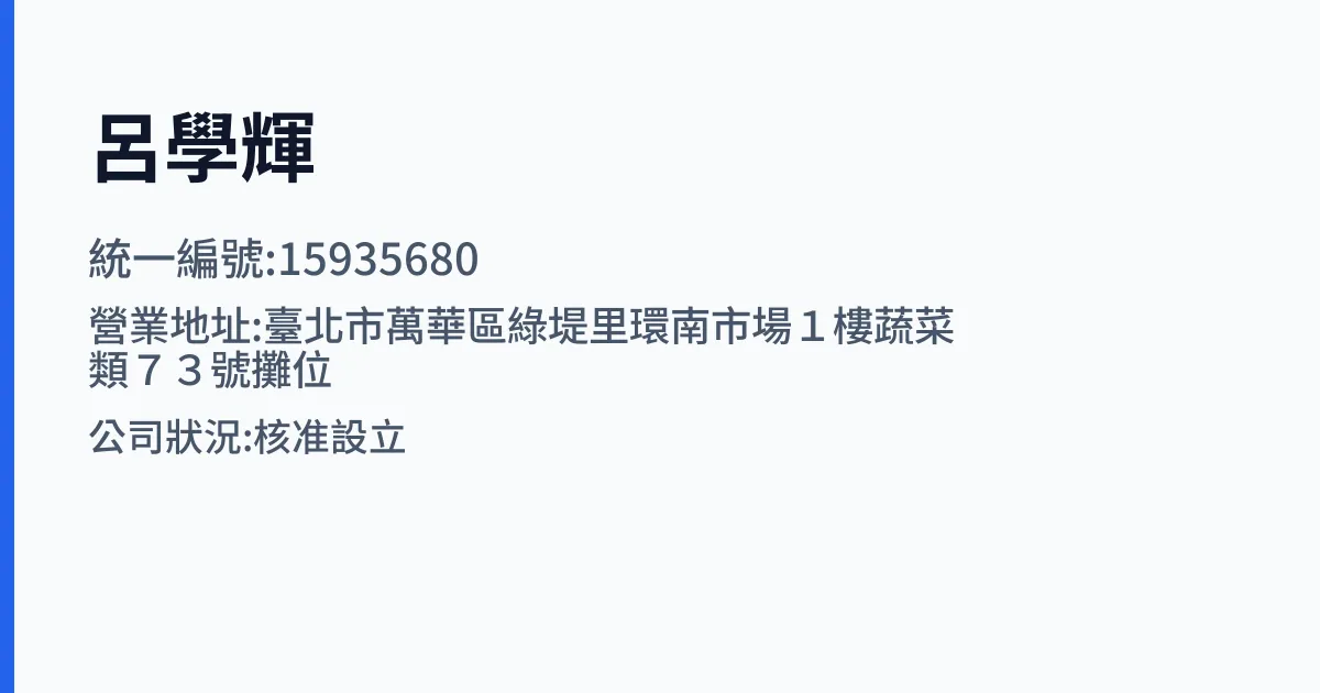 呂學輝 - 統編 15935680(臺北市) 公司登記資料與營業項目詳細圖表