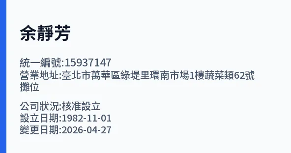余靜芳的照片-統編 15937147(臺北市) 公司登記資料與營業項目詳細圖表