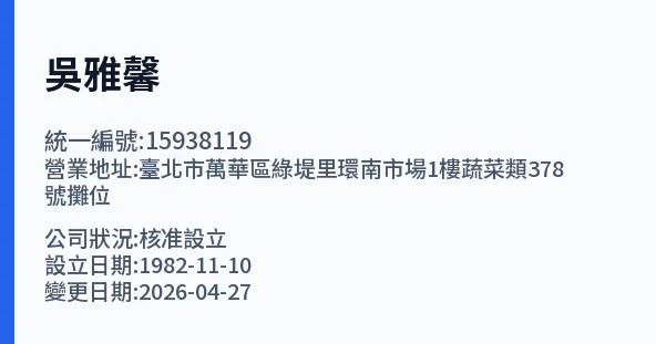 吳雅馨的照片-統編 15938119(臺北市) 公司登記資料與營業項目詳細圖表