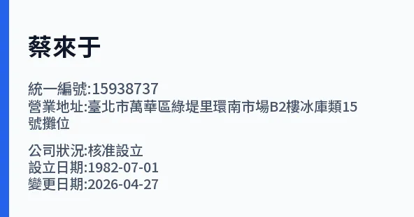 蔡來于的照片-統編 15938737(臺北市) 公司登記資料與營業項目詳細圖表